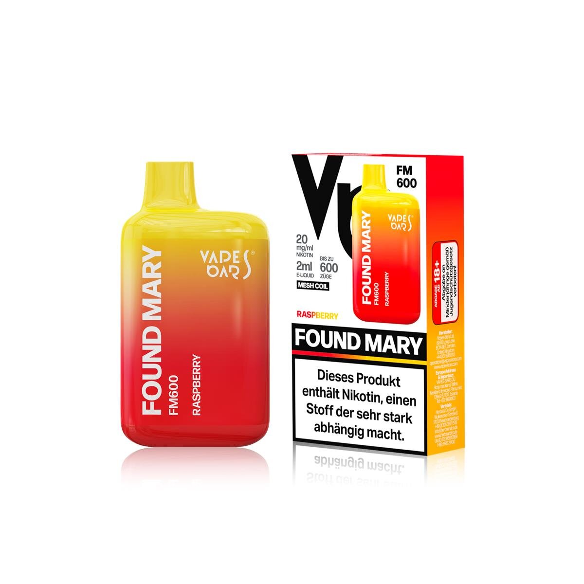 Vapes Bars Found Mary FM600 - Raspberry 20mg/ml, 3,50